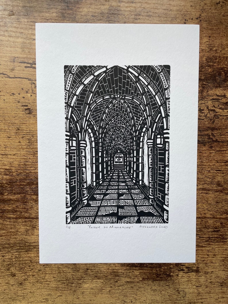 Gothic in Miniature- Original Linocut Print of a Cathedral Hallway - Etsy