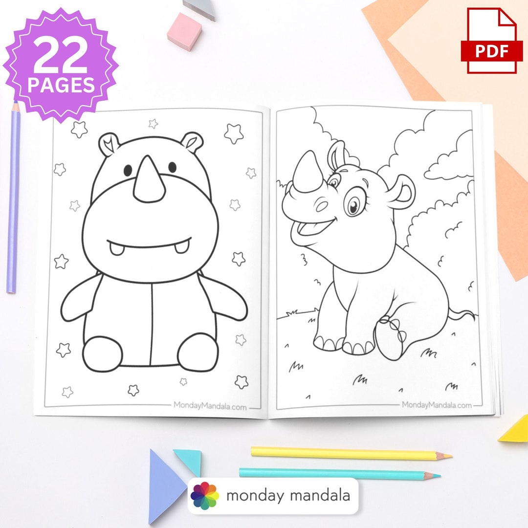 Rhino Coloring Book Kids Coloring Sheet Animal Coloring Page Rhinoceros ...