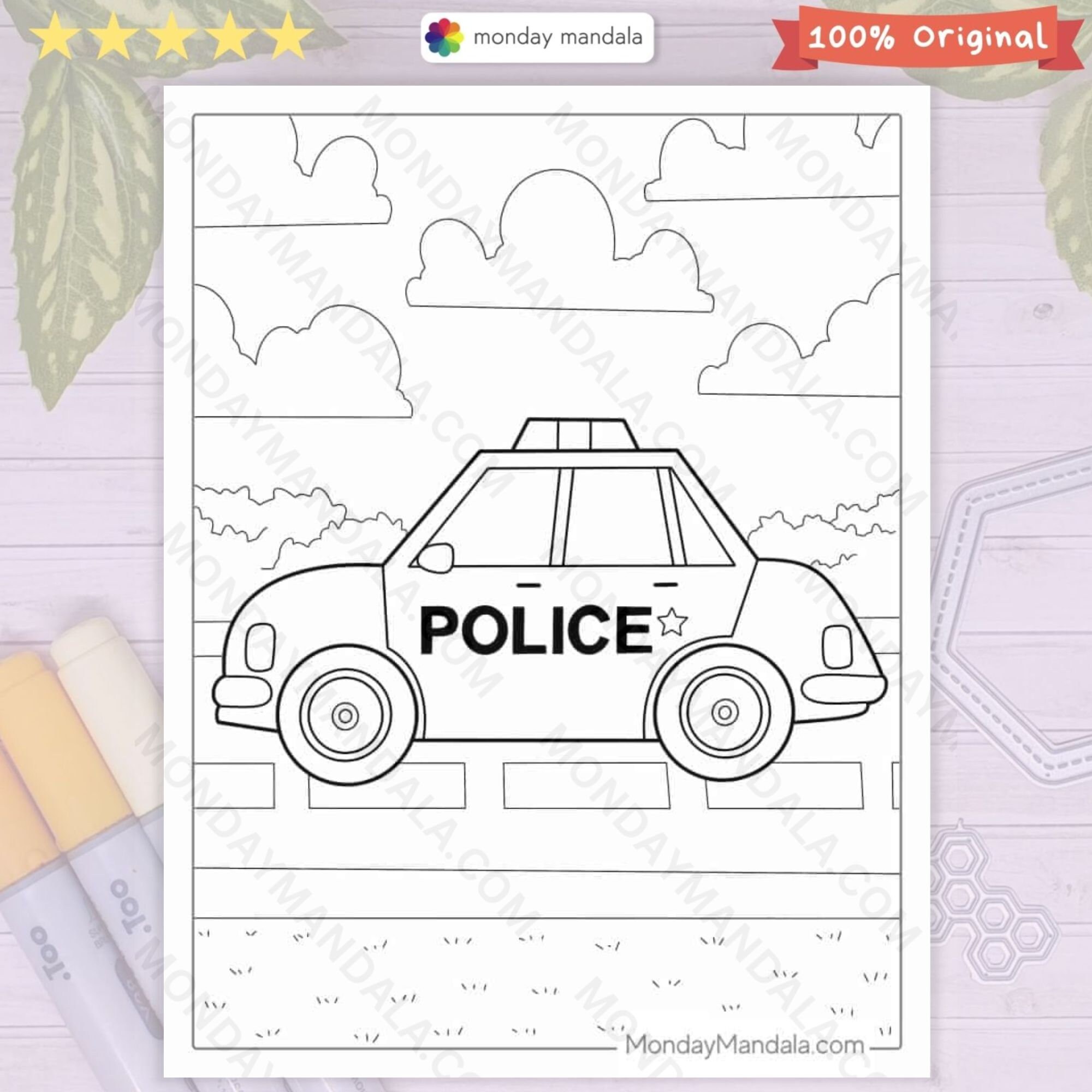 Police Car Coloring Page Simple Coloring Book Printable PDF Digital ...