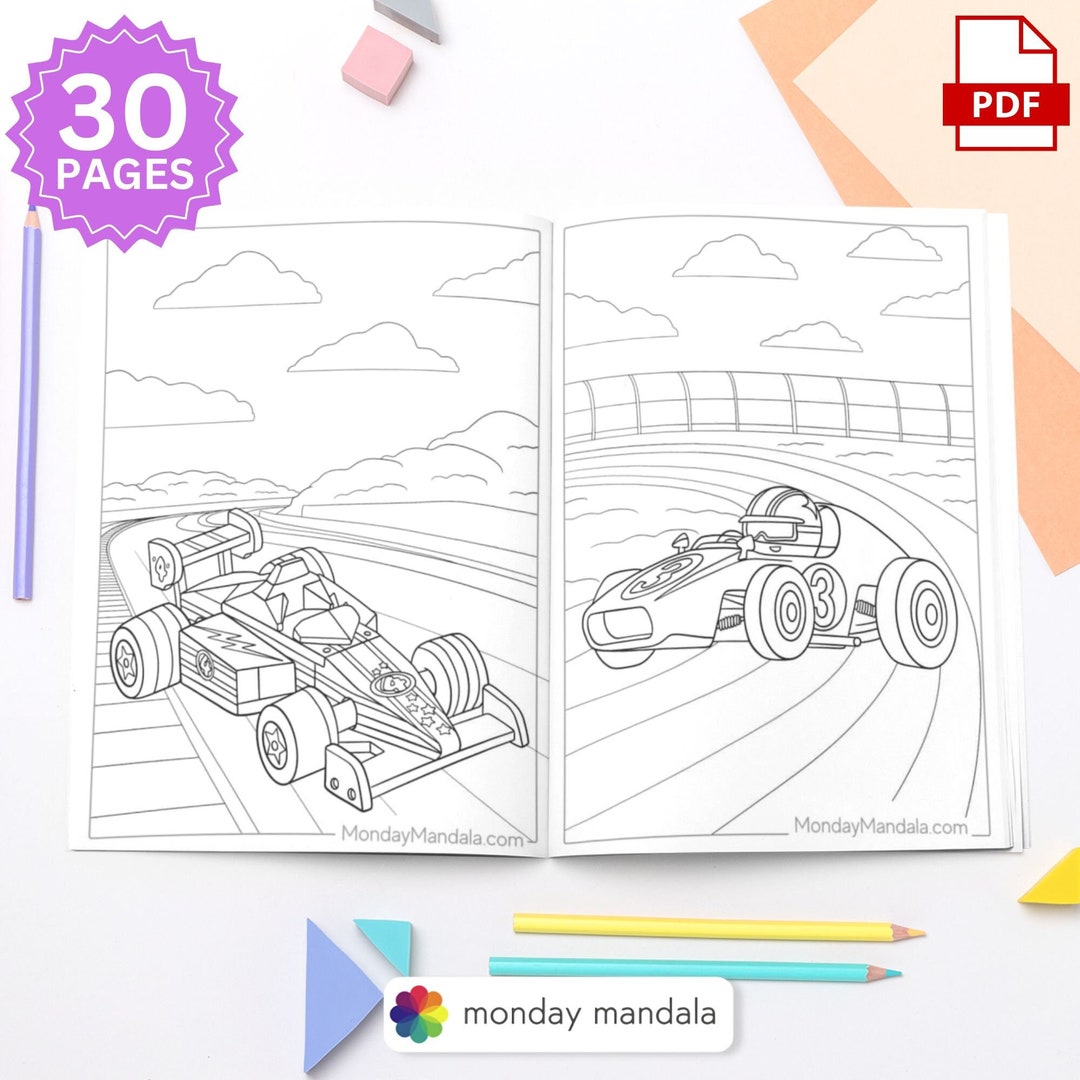 Race Car Coloring Book Kids Machine Coloring Page NASCAR Digital Art ...