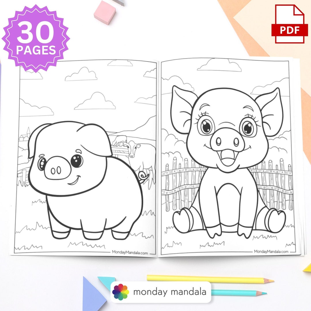 Pig Coloring Book Kids Coloring Sheet Animal Coloring Bundle Farm ...