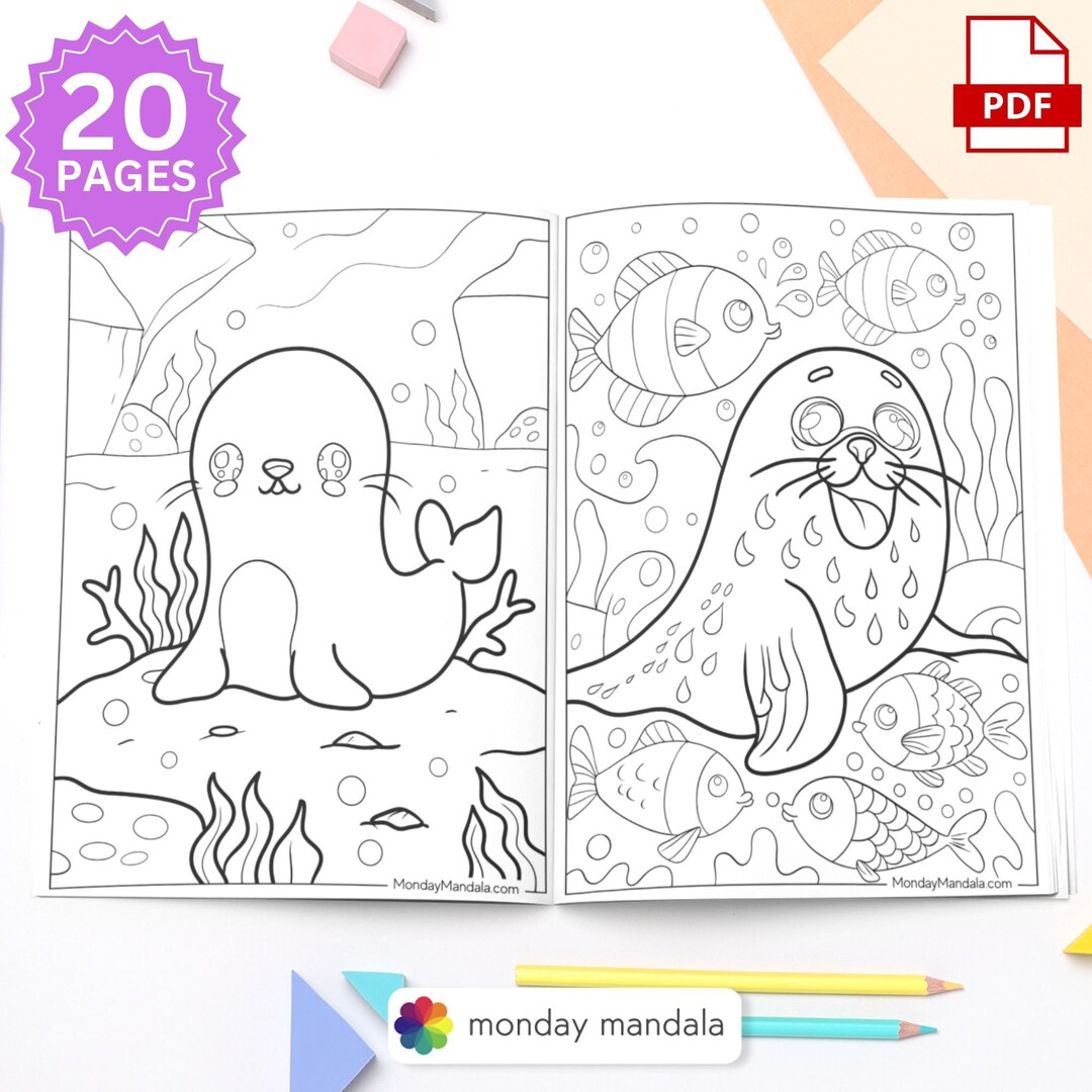 Seal Coloring Book Animal Coloring Page Kids Printable PDF Fish ...