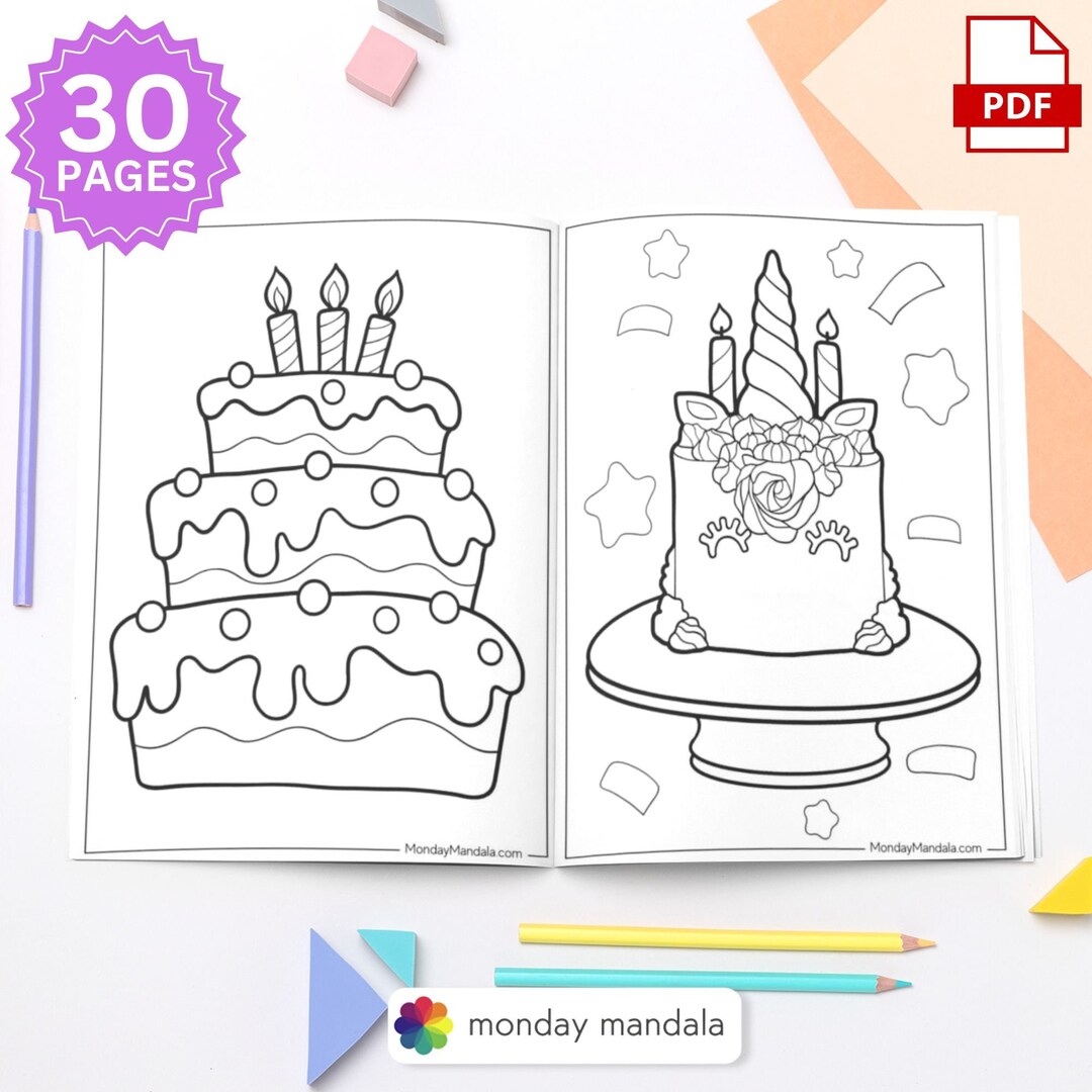 Cake Coloring Book Kids Simple Coloring Page Greyscale Adult Coloring ...