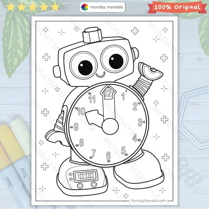 Clock Coloring Book Kids Machine Coloring Page Time Digital Art ...