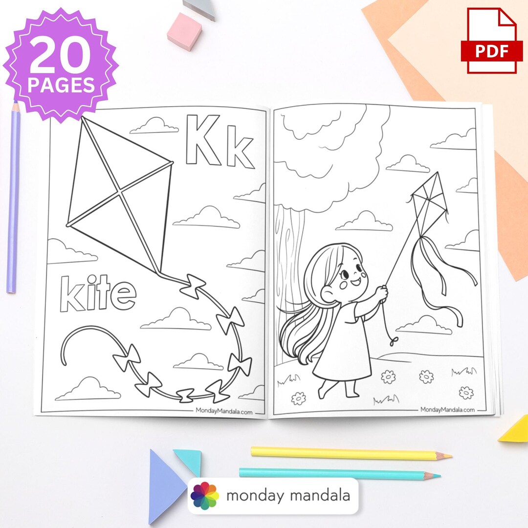 Kite Coloring Page Kid Simple Coloring Book Relaxing Adult Coloring ...