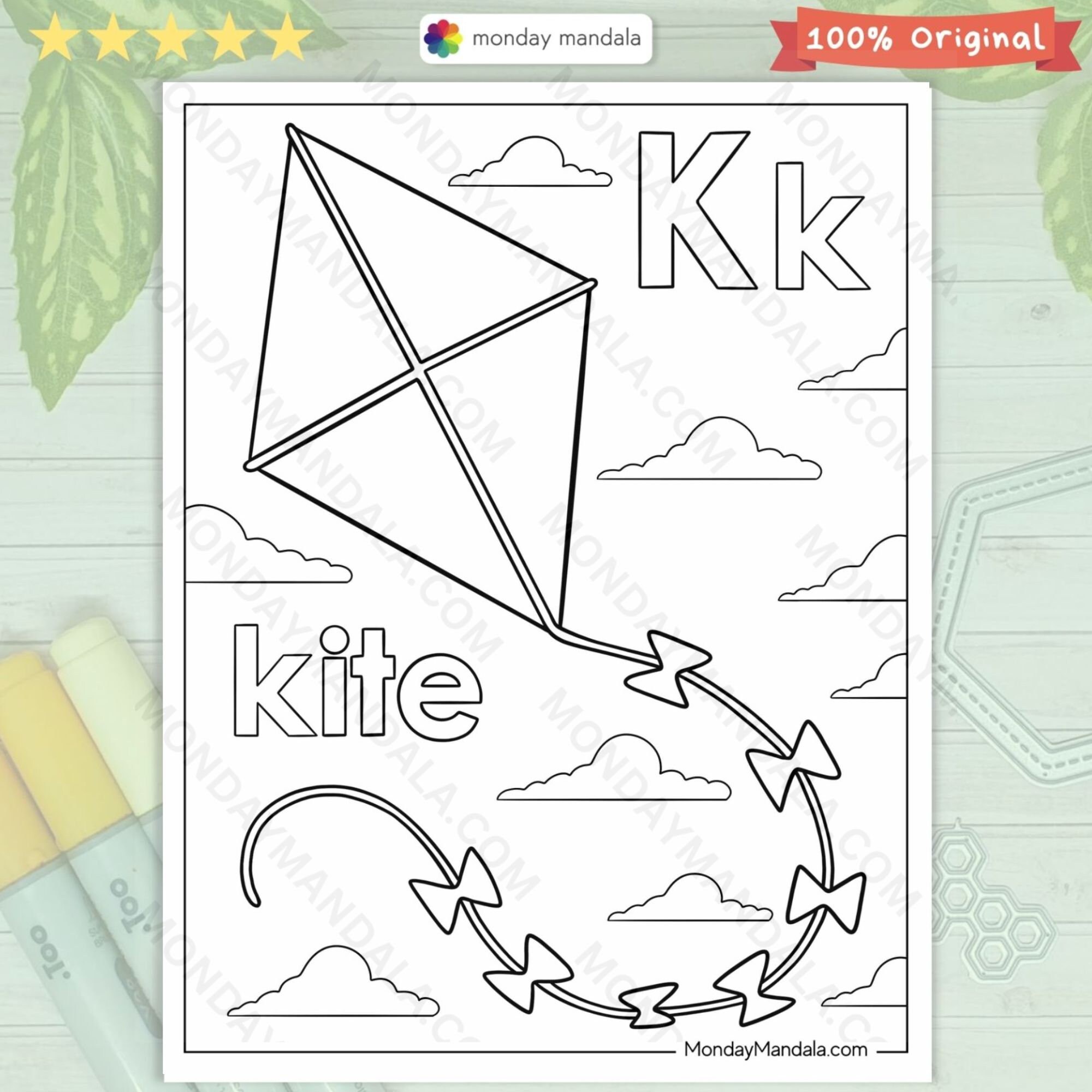 Kite Coloring Page Kid Simple Coloring Book Relaxing Adult Coloring ...