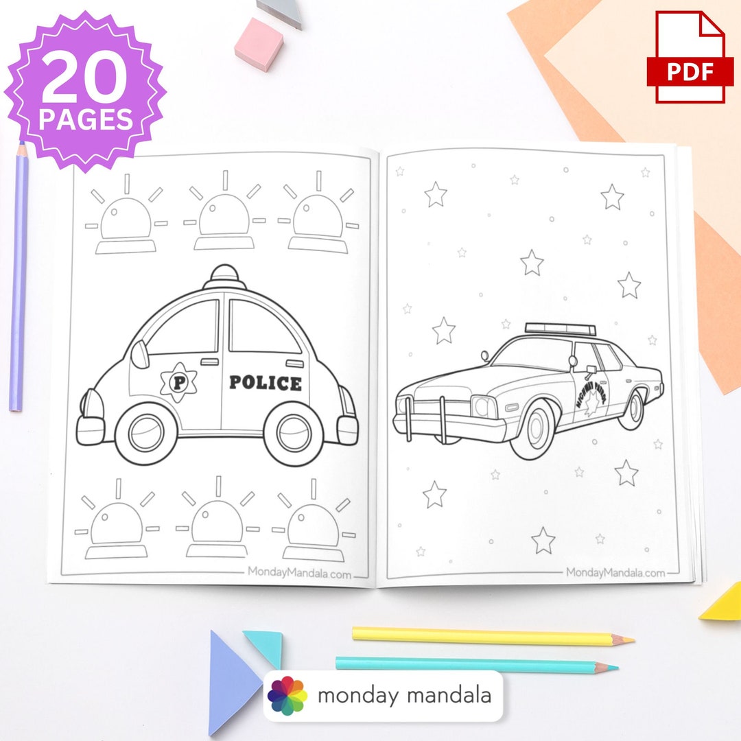 Police Car Coloring Page Simple Coloring Book Printable PDF Digital ...