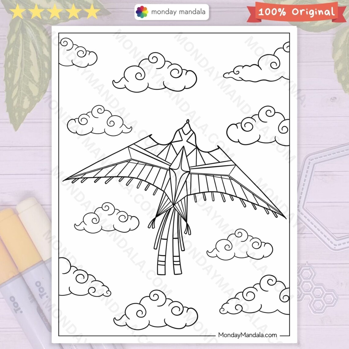 Kite Coloring Page Kid Simple Coloring Book Relaxing Adult Coloring ...