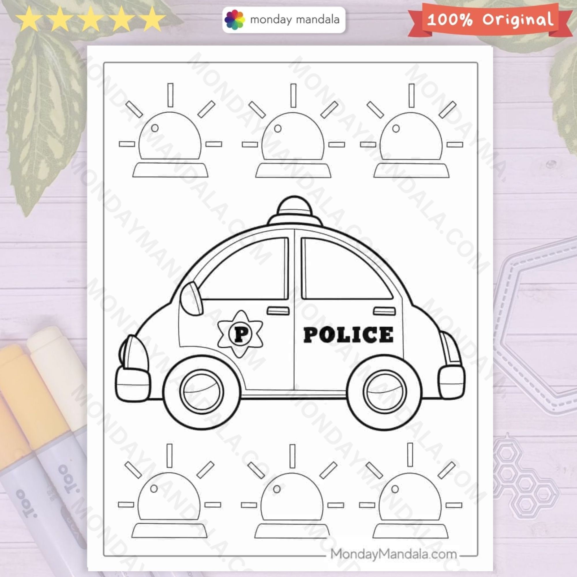 Police Car Coloring Page Simple Coloring Book Printable PDF Digital ...