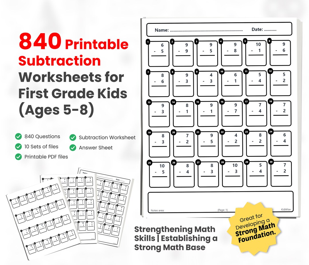 840 Printable Subtraction Worksheets for First Grade Kids - Etsy