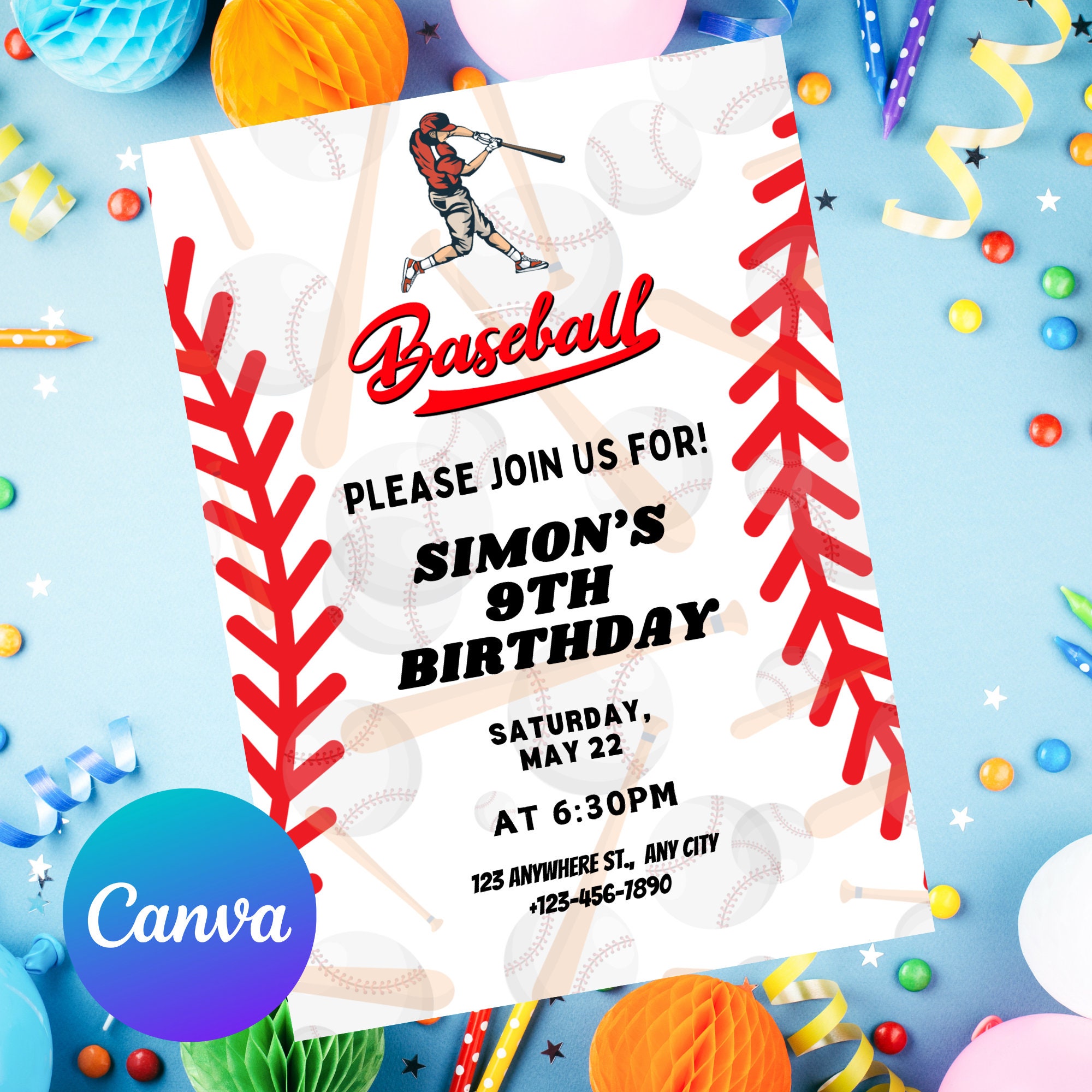 Plantilla de invitación de cumpleaños de béisbol editable Invitaciones ...