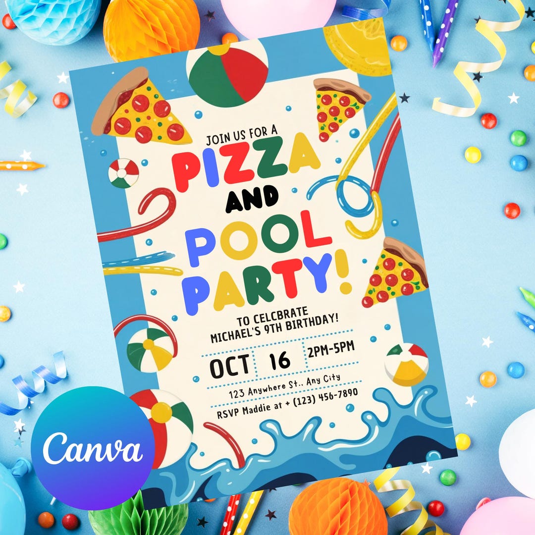 Pizza Pool Party Invitation Template Boy Pool Party Girl Pool Party ...