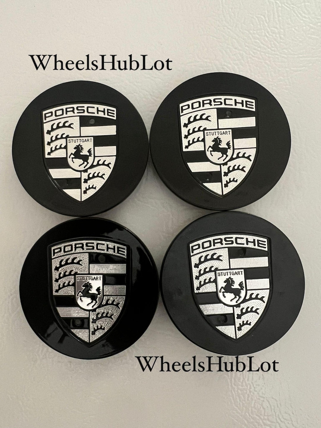 Porsche Center Caps 76mm Concave 4pcs Gloss Black Classic Crest ...