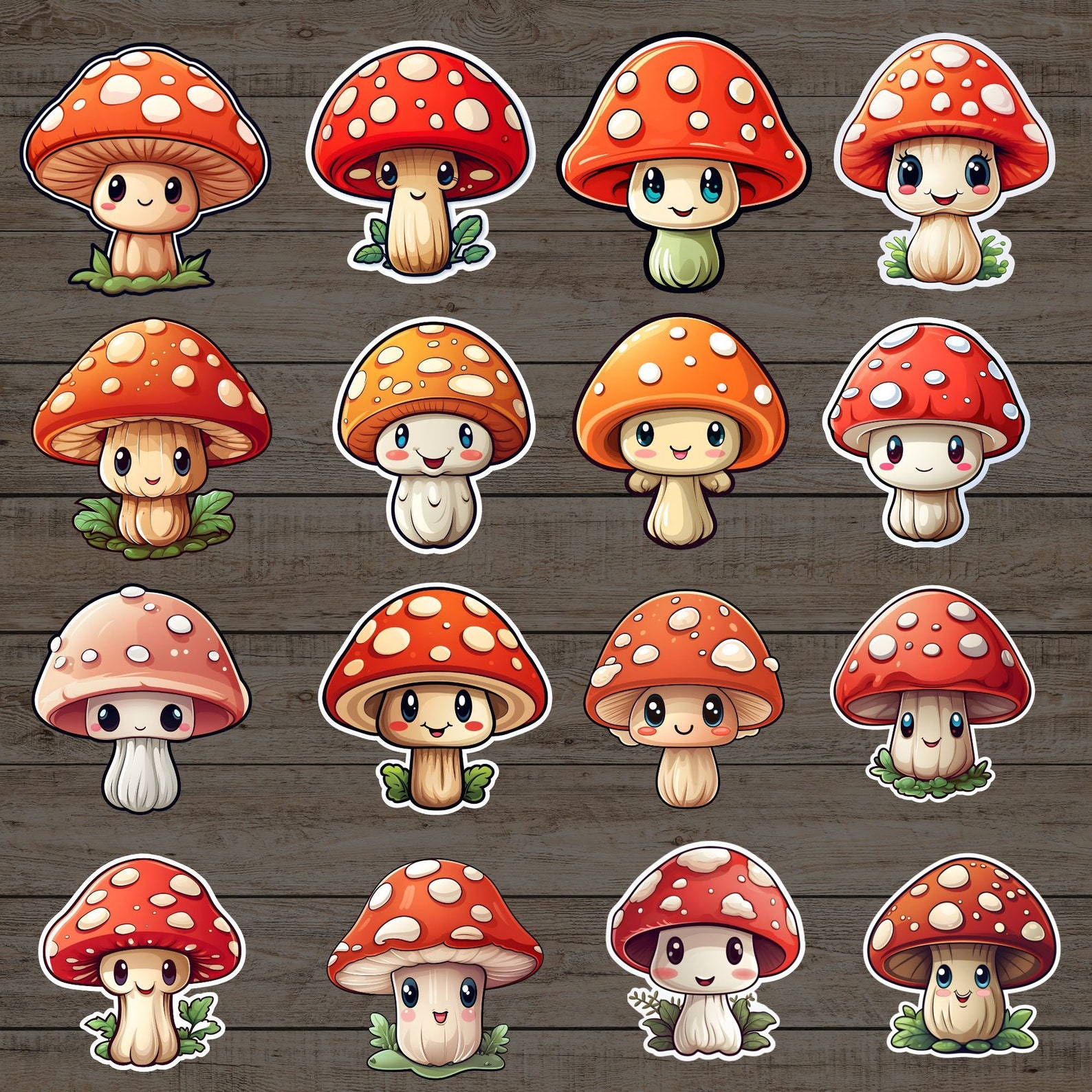 Set of 16 Cute Adorable Mushroom Stickers, High Quality PNG File, High ...