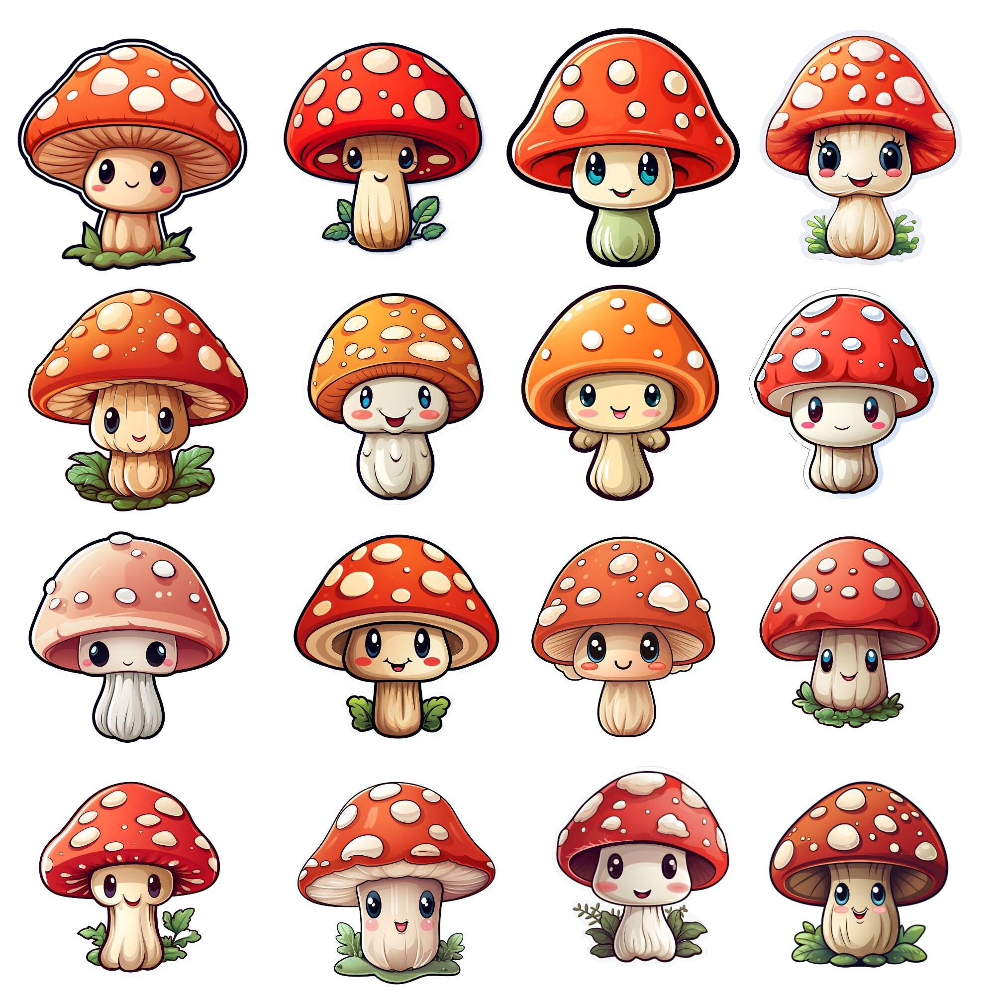 Set of 16 Cute Adorable Mushroom Stickers, High Quality PNG File, High ...