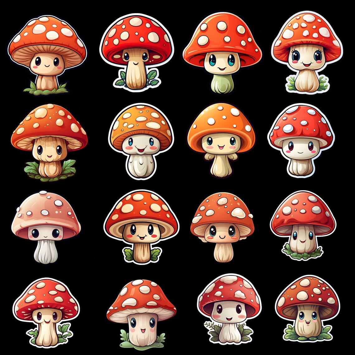 Set of 16 Cute Adorable Mushroom Stickers, High Quality PNG File, High ...