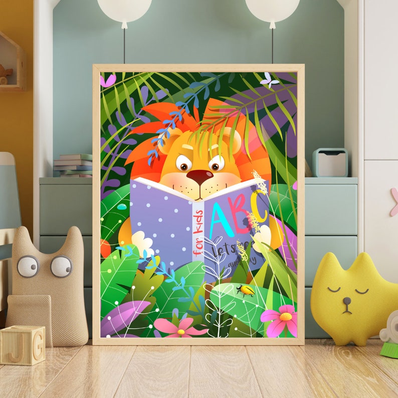 Reading Lion Children's Wall Art - Etsy