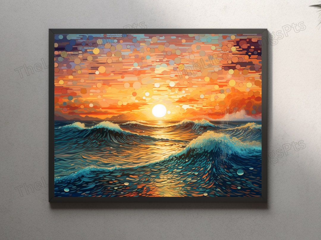 Digital Art Pointillism Seascape Sunset Dreamlike Ocean Print Instant ...