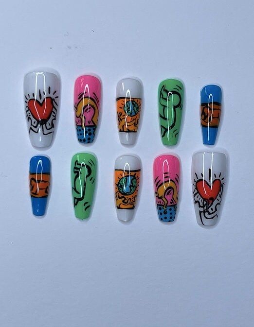 Keith Haring Colorful Nails Summer Nail Inspo Handpainted Press on ...