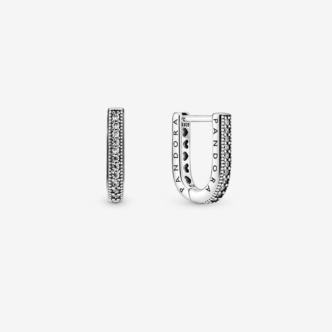 Pandora Logo Sterling Silver U Shaped Hoop Earrings With Clear Etsy