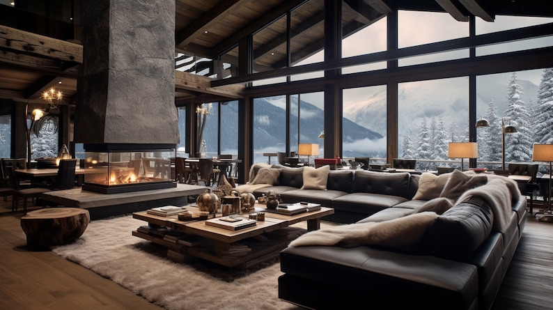 Snowy Ski Resort Living Room With Fireplace Virtual Backgrounds 9 Pack ...