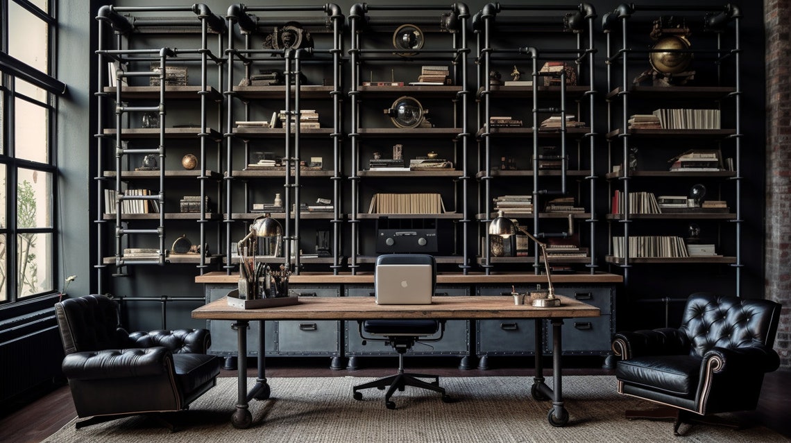 Industrial Office Virtual Backgrounds Bookshelves Desk Modern ...