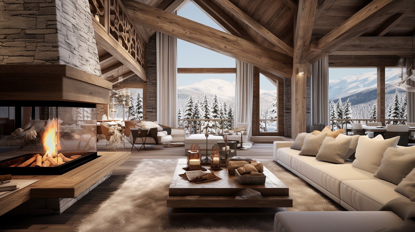 Snowy Ski Resort Living Room With Fireplace Virtual Backgrounds 9 Pack ...
