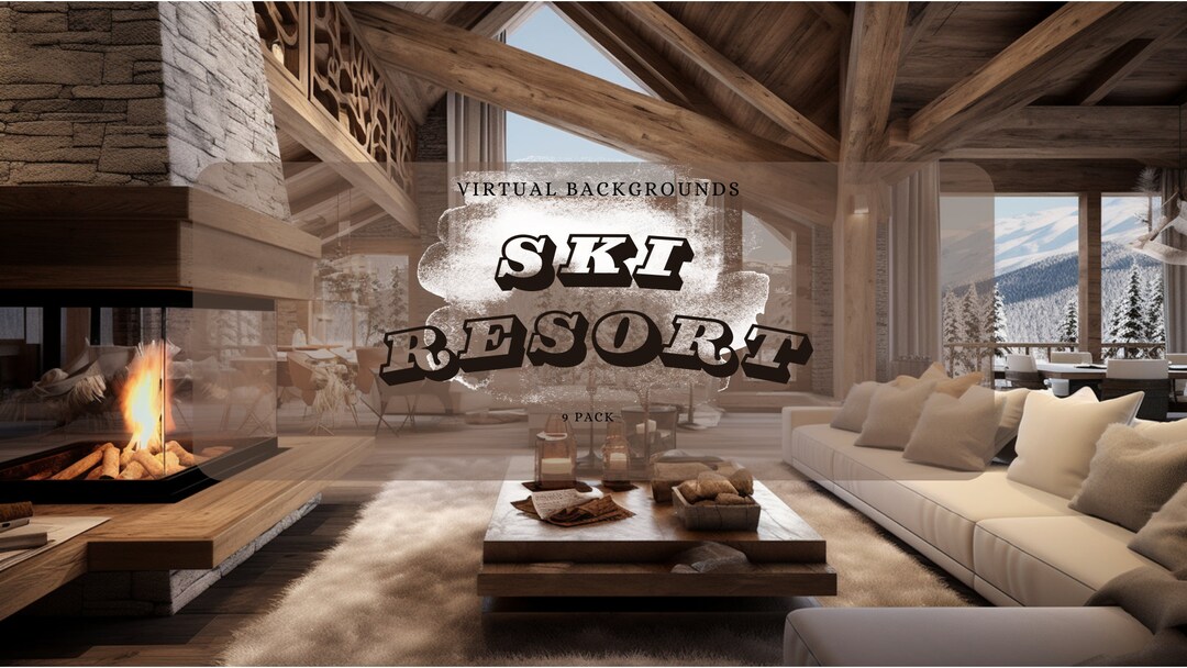 Snowy Ski Resort Living Room With Fireplace Virtual Backgrounds 9 Pack ...
