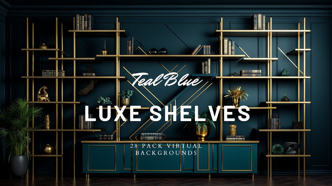 Teal Blue Luxe Library With Shelves Virtual Backgrounds 28 Pack Zoom ...