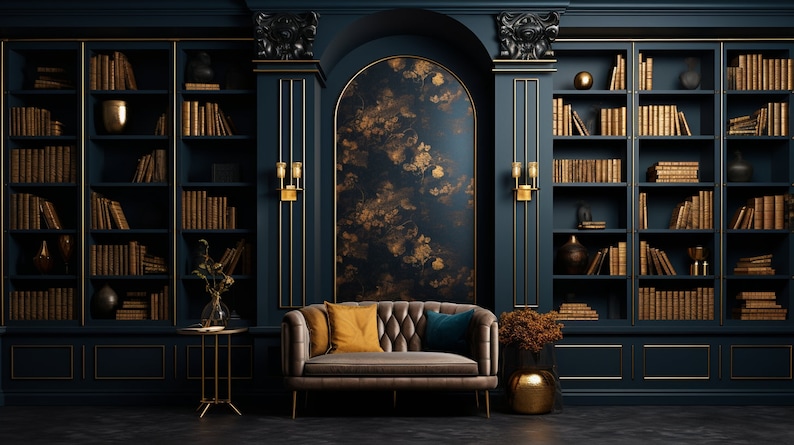 Teal Blue Luxe Library With Shelves Virtual Backgrounds 28 Pack Zoom ...