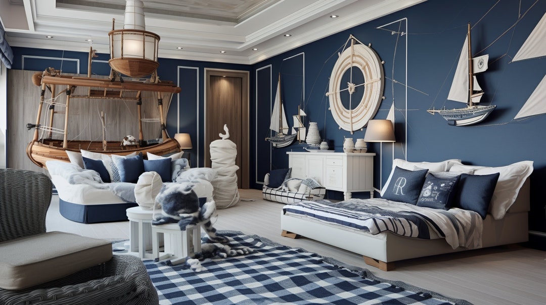 Sailor Blue & White Living Room Bedroom, Boathouse, Cruise, Ocean ...