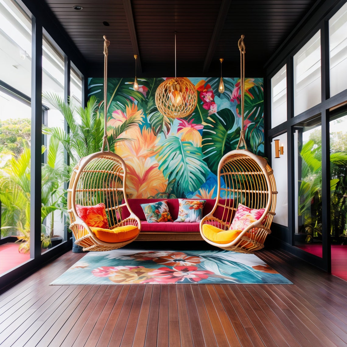 Tropical Office Virtual Backgrounds Floral Plants Palm Trees Colorful ...