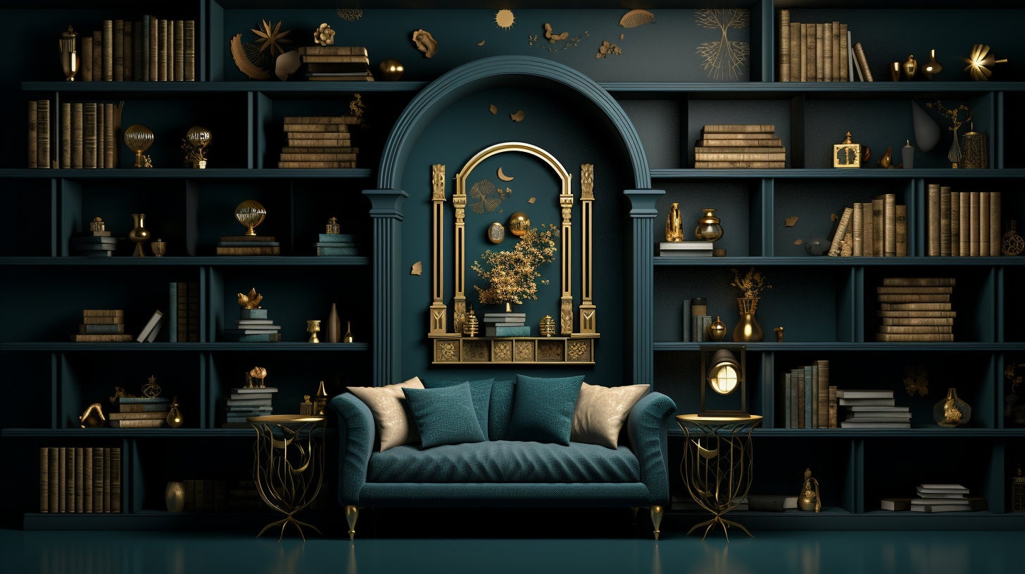 Teal Blue Luxe Library With Shelves Virtual Backgrounds 28 Pack Zoom ...