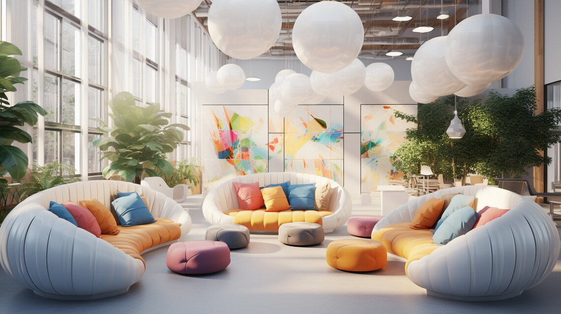 Colorful Meeting Room With Lounge Chairs Professional Zoom Virtual ...