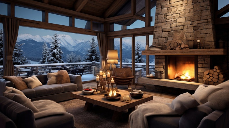 Snowy Ski Resort Living Room With Fireplace Virtual Backgrounds 9 Pack ...
