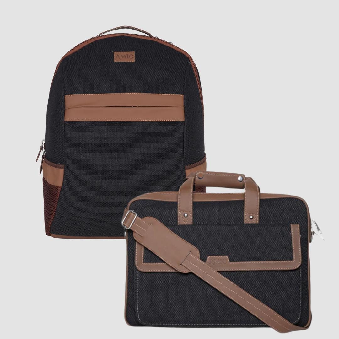 Men's Jaguar Black Pure Vegan Leather Jute Fabric 40L Laptop Backpack ...