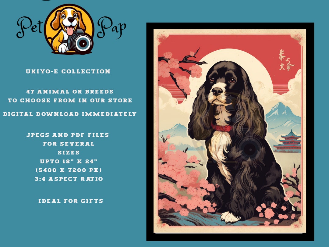 Cocker Spaniel Dog Pet Digital Printable Wall Art: UKIYO-E Japanese ...
