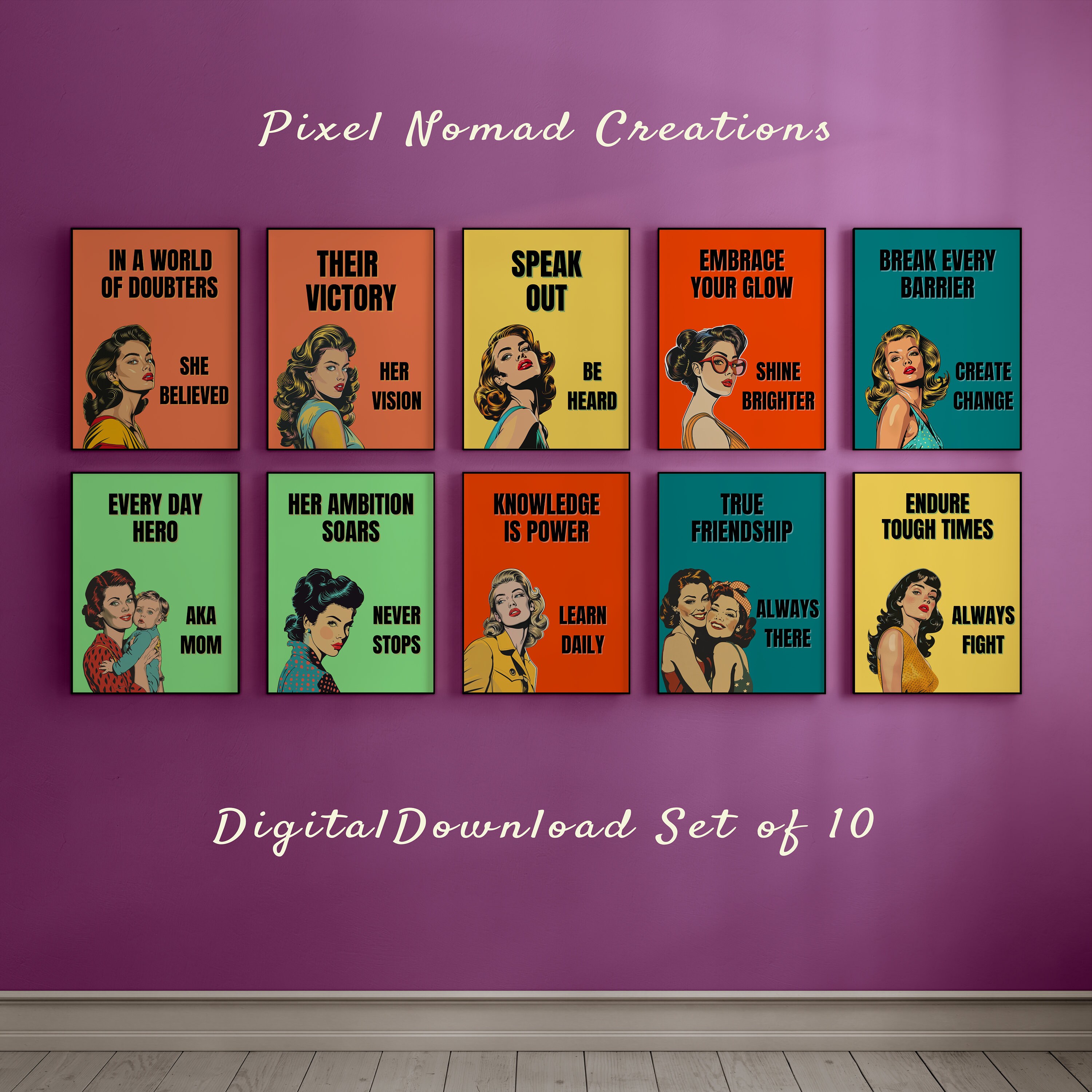 Retro Poster Collection of 10, Female Art, Vintage Style Decor ...