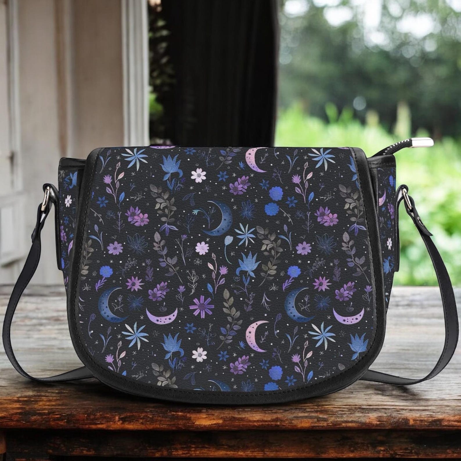 Gothic Violet Vegan Leather Saddle Bag Purse, Cross-body Fern Forest ...