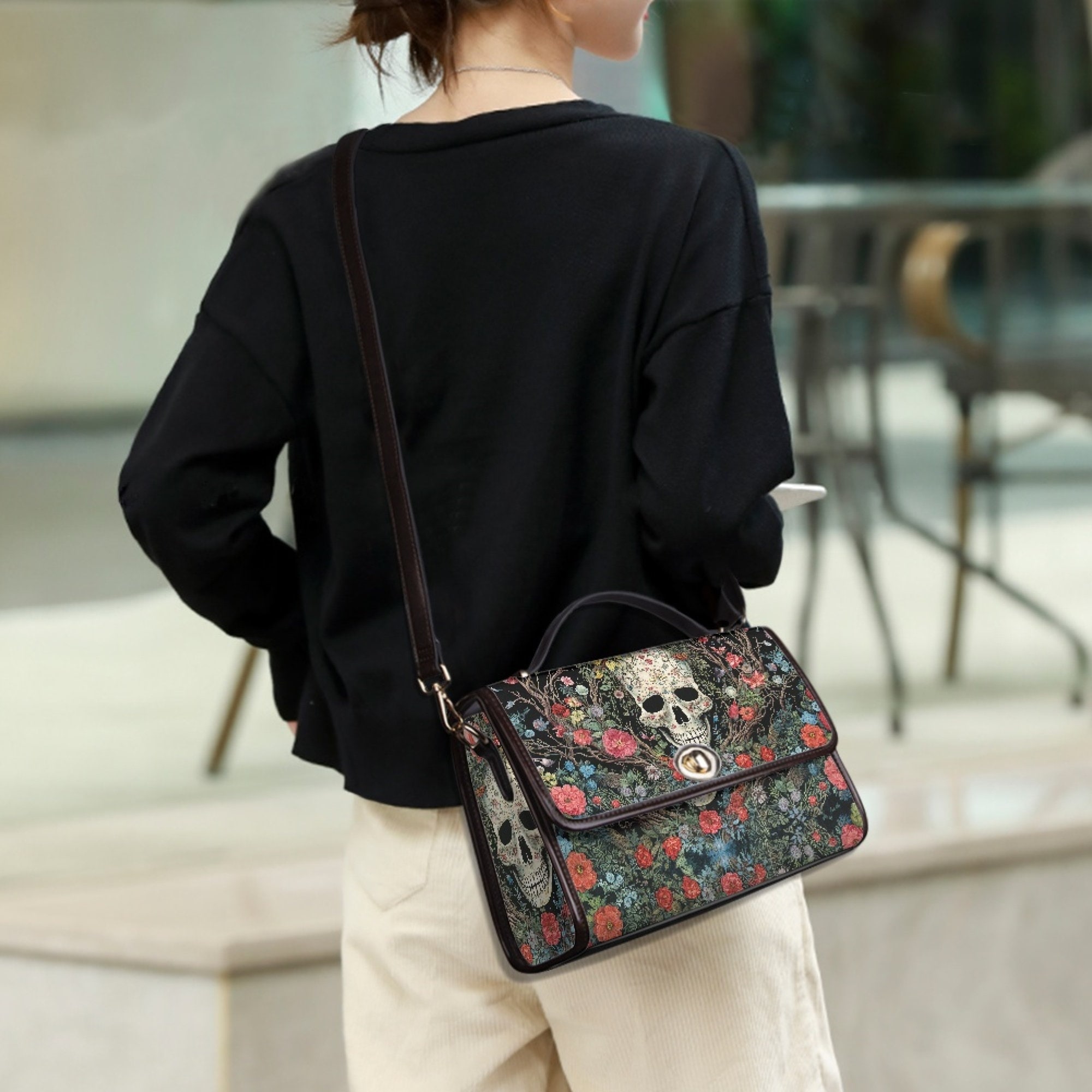 Cottagecore Floral Skuul Boho PU Leather Handbag, Cute Witchy Skuul ...