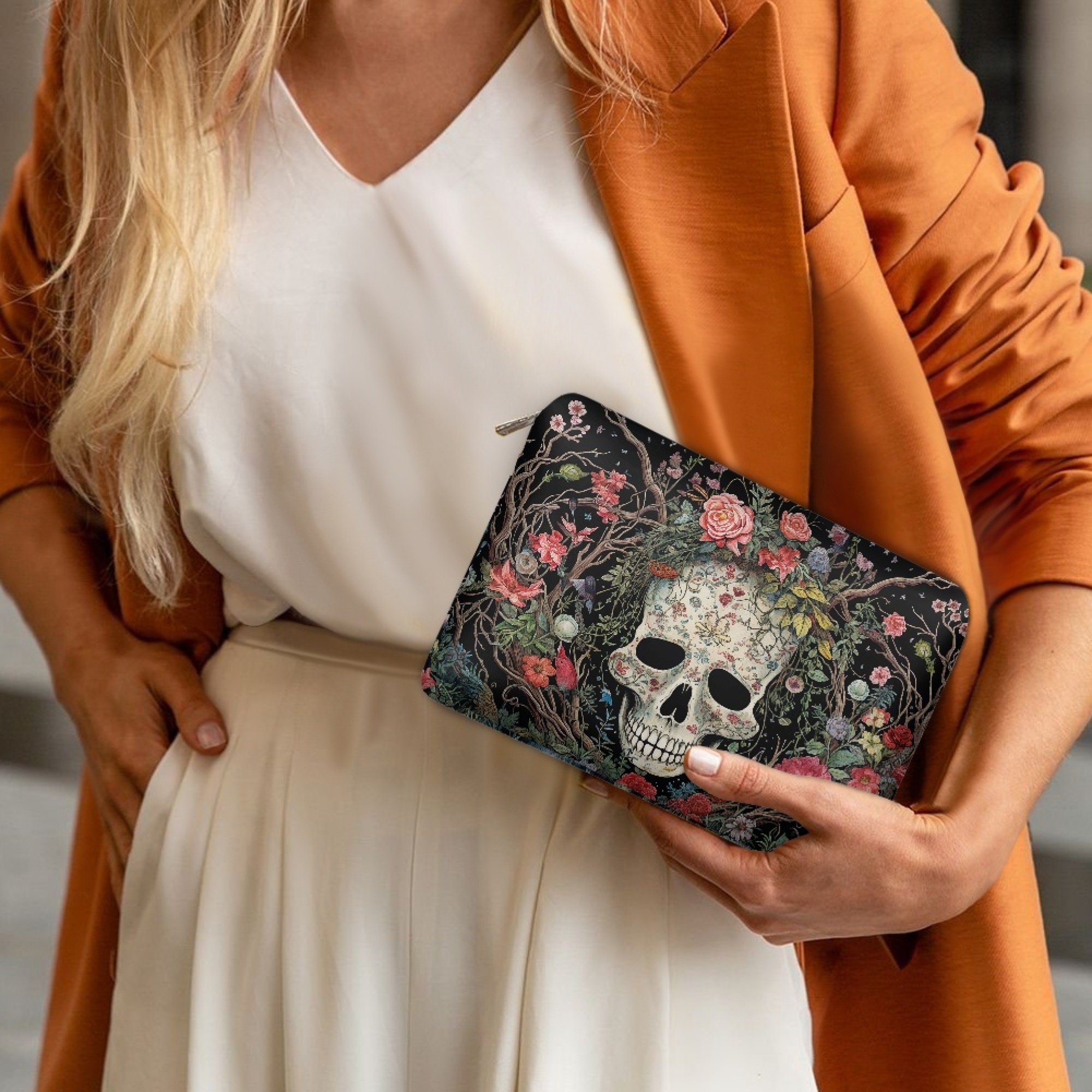 Cottagecore Floral Skuul Boho PU Leather Handbag, Cute Witchy Skuul ...