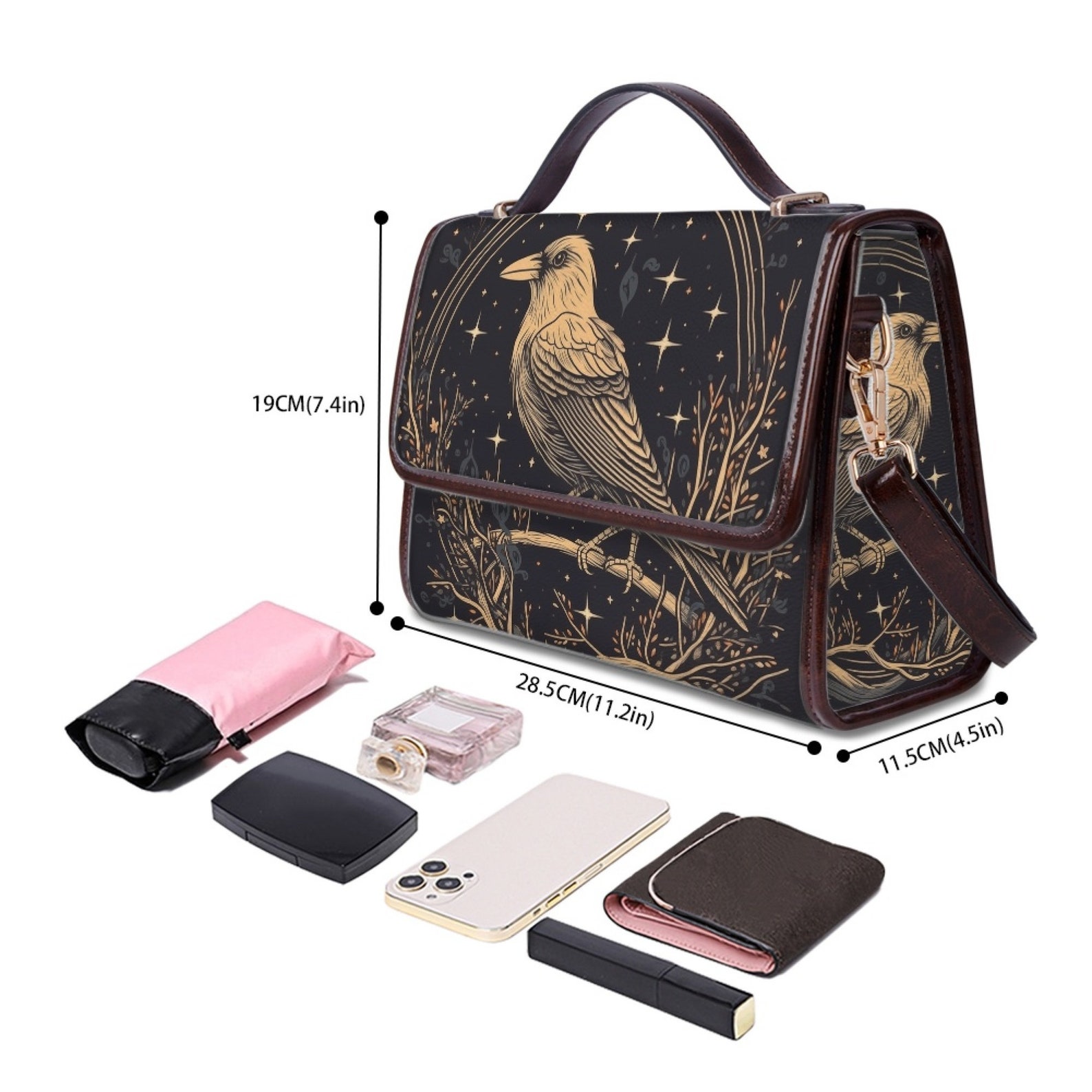 Cottagecore Raven Boho PU Leather Handbag, Cute Witchy Raven Satchel ...