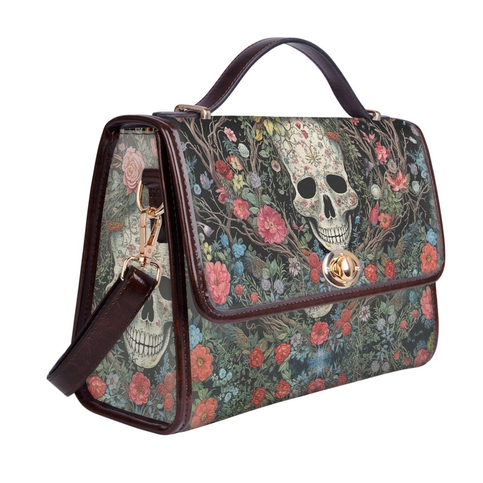 Cottagecore Floral Skuul Boho PU Leather Handbag, Cute Witchy Skuul ...