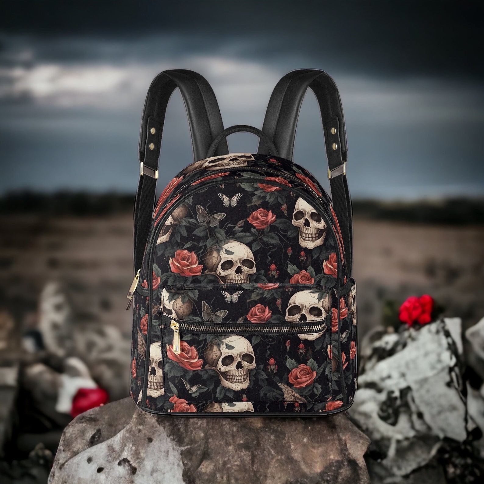 Wild Roses and Skull Goth Backpack, Dark Cottagecore Gothic Day Pack ...