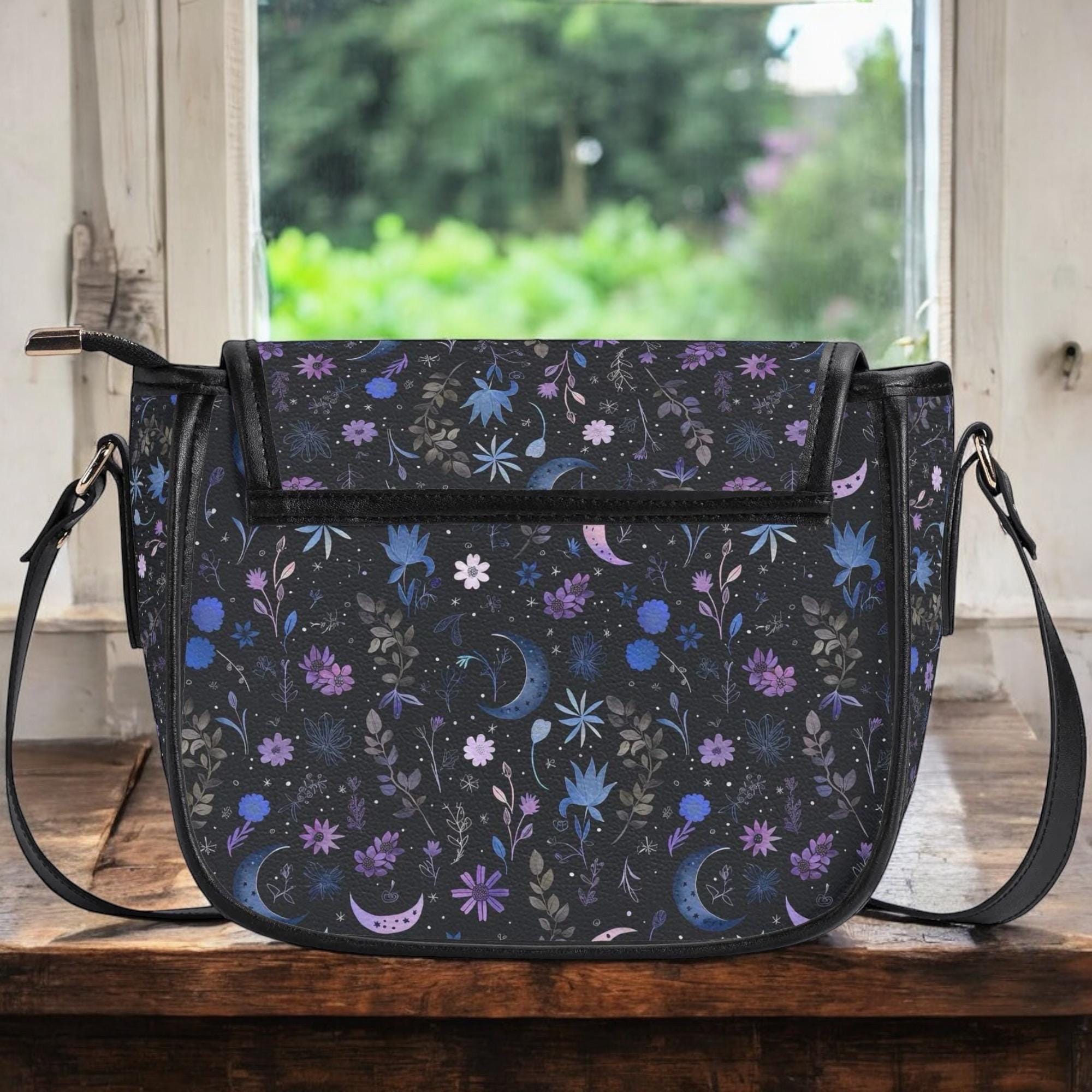 Gothic Vegan Leather Saddle Bag: Fern Forest Moon Crossbody Purse - Etsy