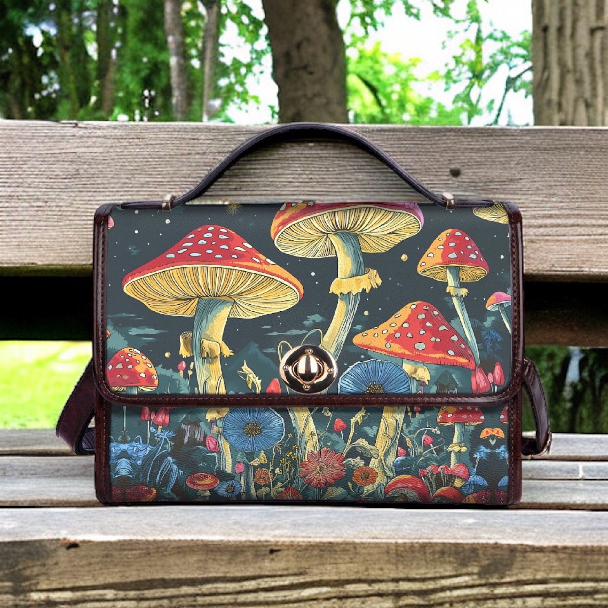 Cottagecore Trippy Mushroom Forest PU Leather Handbag, Cute Mushroom ...