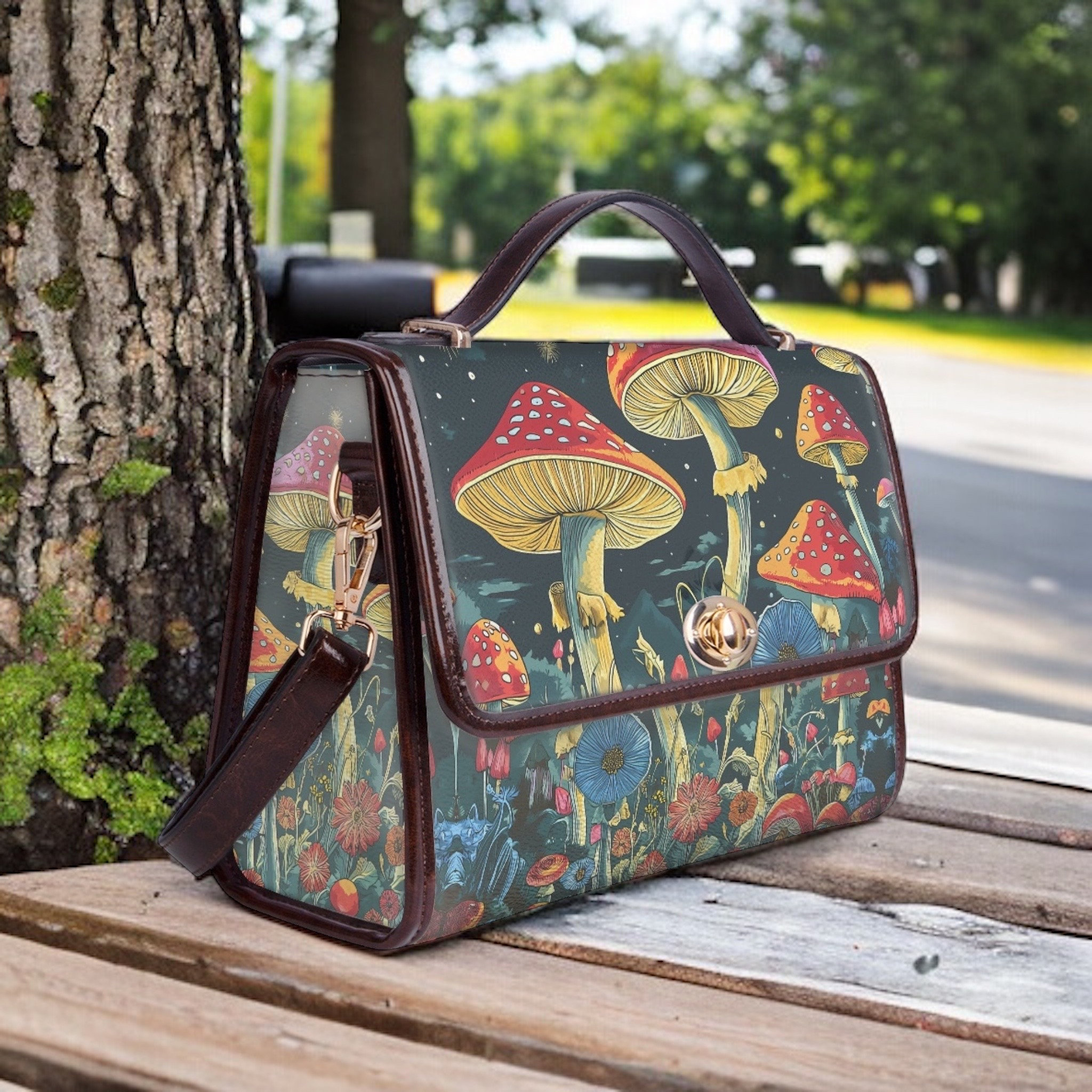 Cottagecore Trippy Mushroom Forest PU Leather Handbag, Cute Mushroom ...