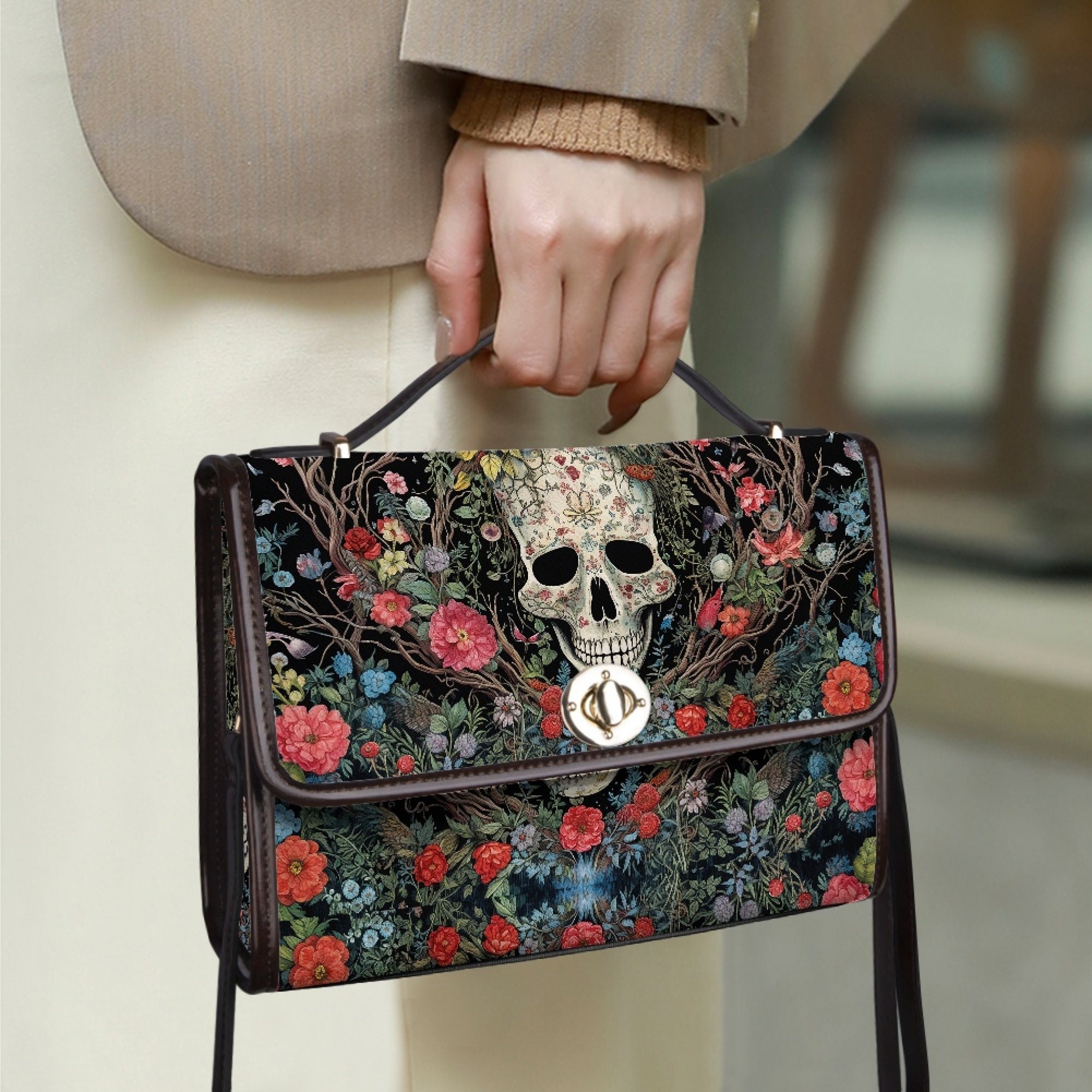 Cottagecore Floral Skuul Boho PU Leather Handbag, Cute Witchy Skuul ...