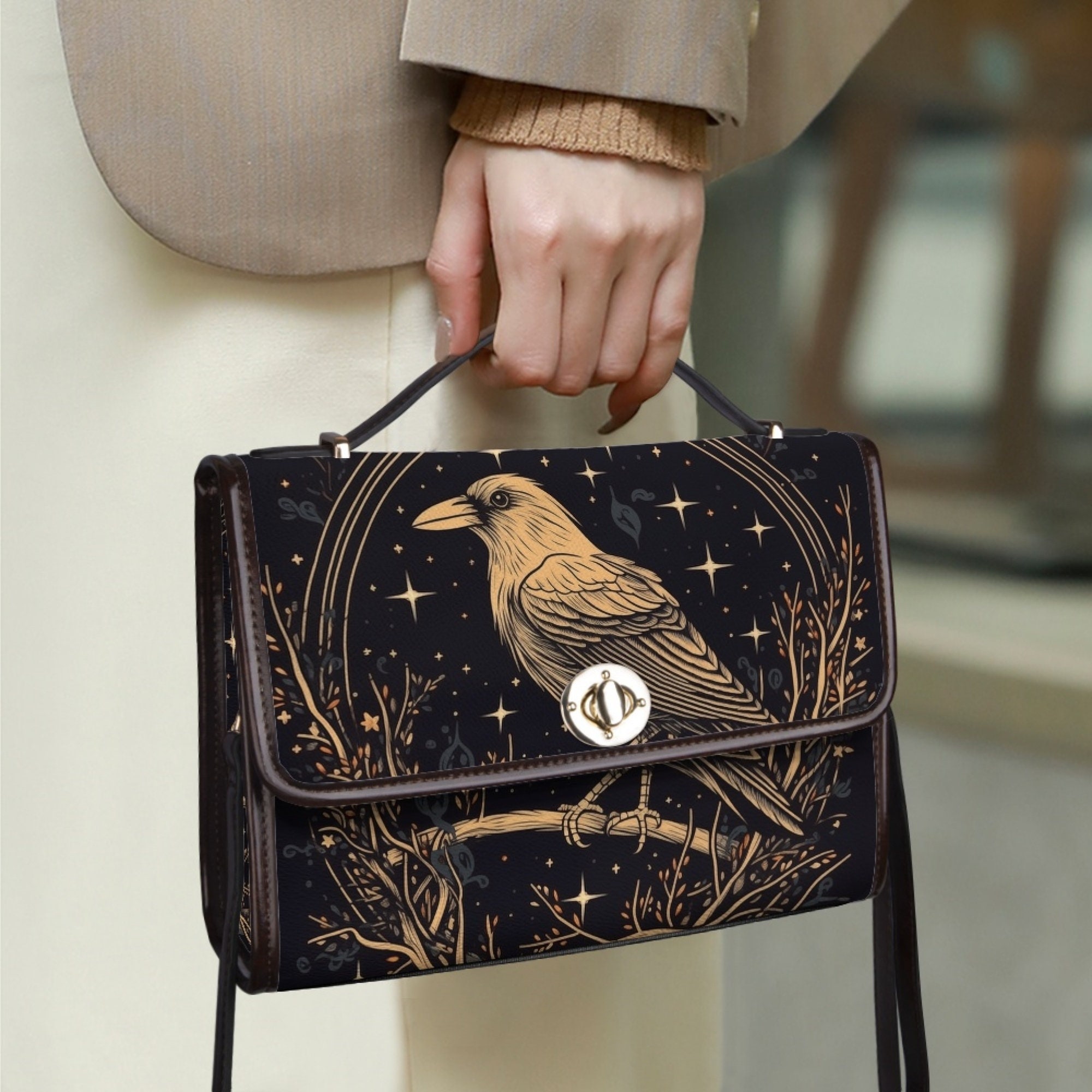 Cottagecore Raven Boho PU Leather Handbag, Cute Witchy Raven Satchel ...