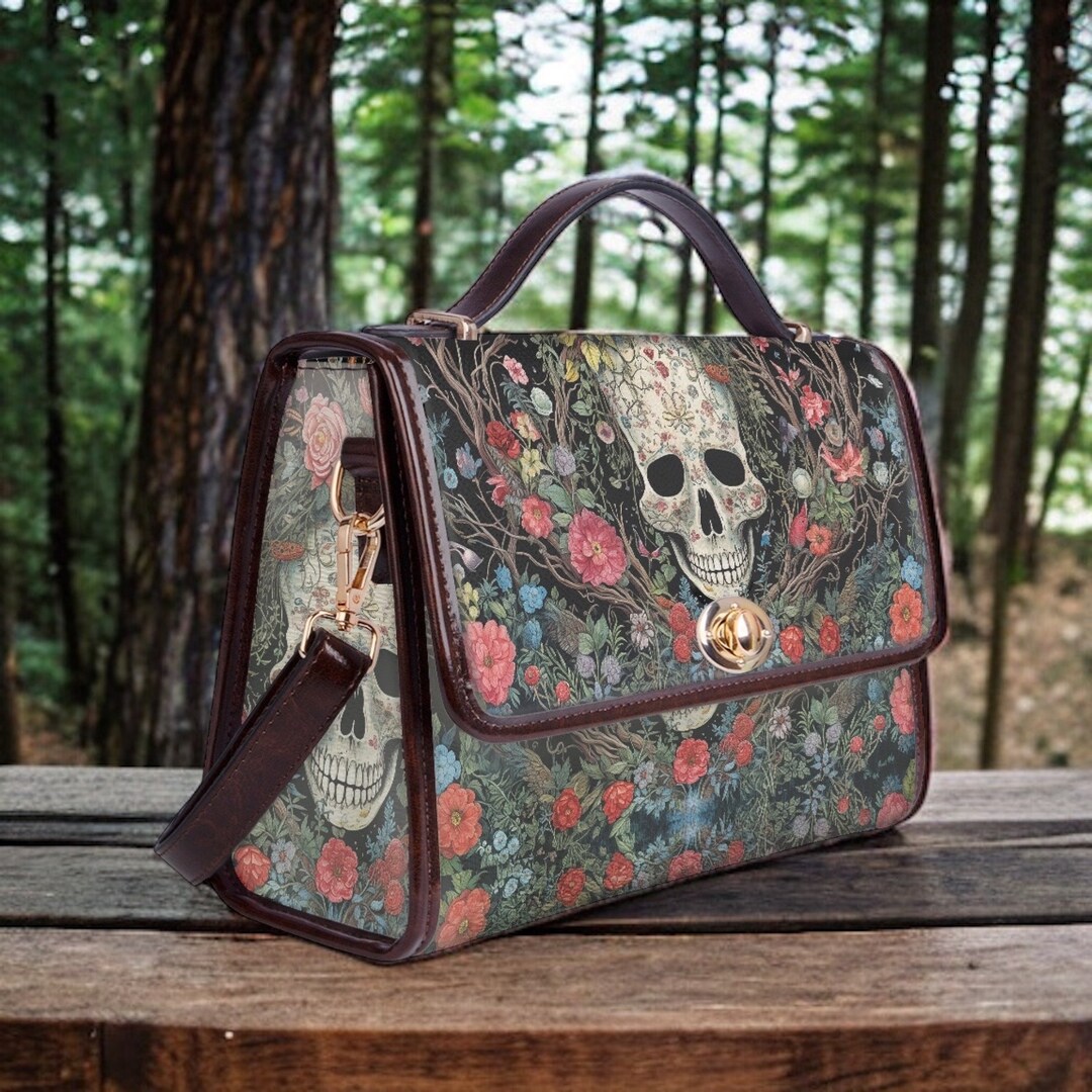 Cottagecore Floral Skuul Boho PU Leather Handbag, Cute Witchy Skuul ...